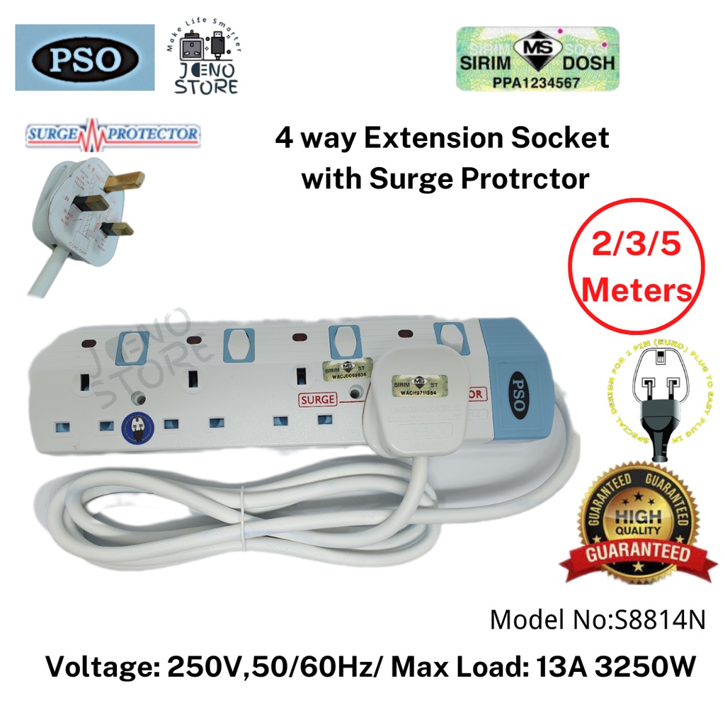 Pso 3 4 5 6 Way Portable Extension Trailing Socket Extension Plug Socket With Surge Protector