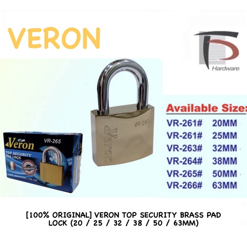 [100% ORIGINAL] VERON TOP SECURITY BRASS DOOR PAD LOCK (20 / 25 / 32 ...
