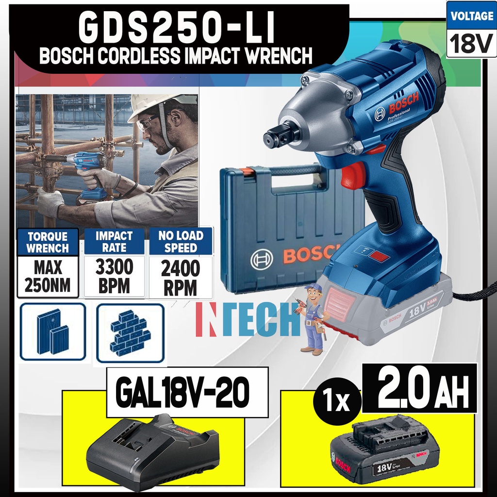 BOSCH GDS250-LI / GDS250LI PROFESSIONAL CORDLESS IMPACT WRENCH C/W 1x ...
