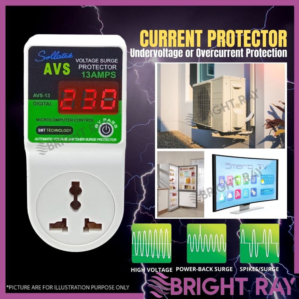 AVS 13A Digital Plug in Automatic Voltage Surge Protector, Universal Socket, Protect Air ...