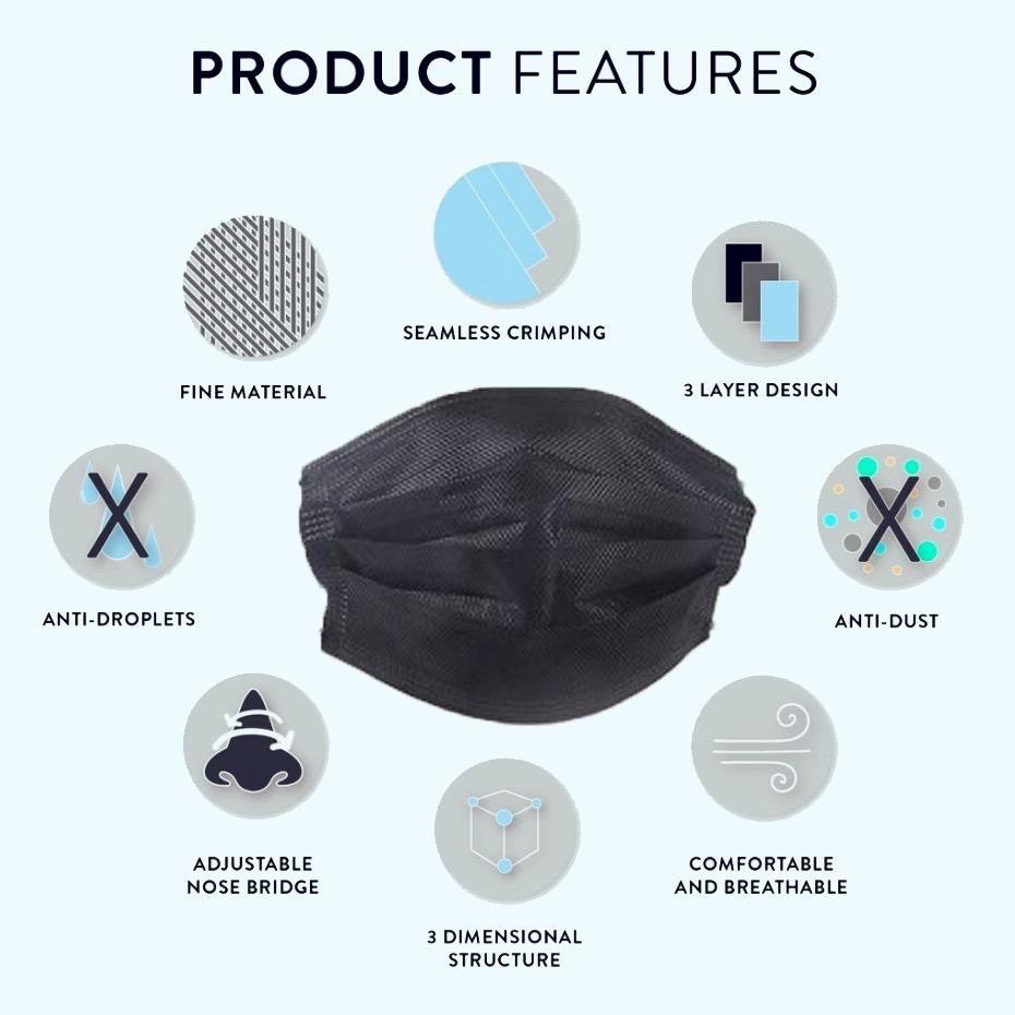 50pcs Full Black colour 3ply Face Mask 4ply Medical Disposable Mask ...