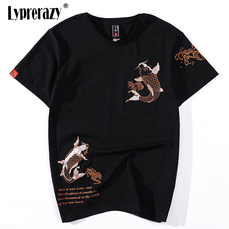 Men's Hip Hop Chinese Fashion KOI Fish Embroidery T-Shirt Streetwear ...