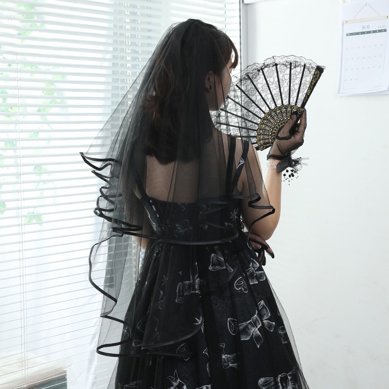 Black Double Layer Bridal Veil Retro Wedding Veil for Women Veil Kahwin ...