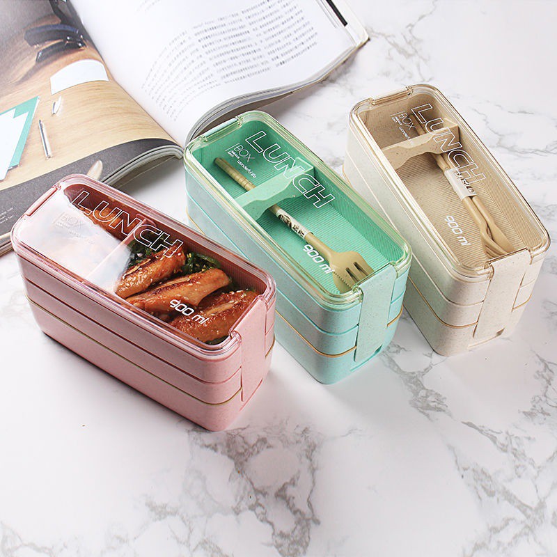 3-layer barley office lunch box with premium chopsticks and spoon 900ml ...