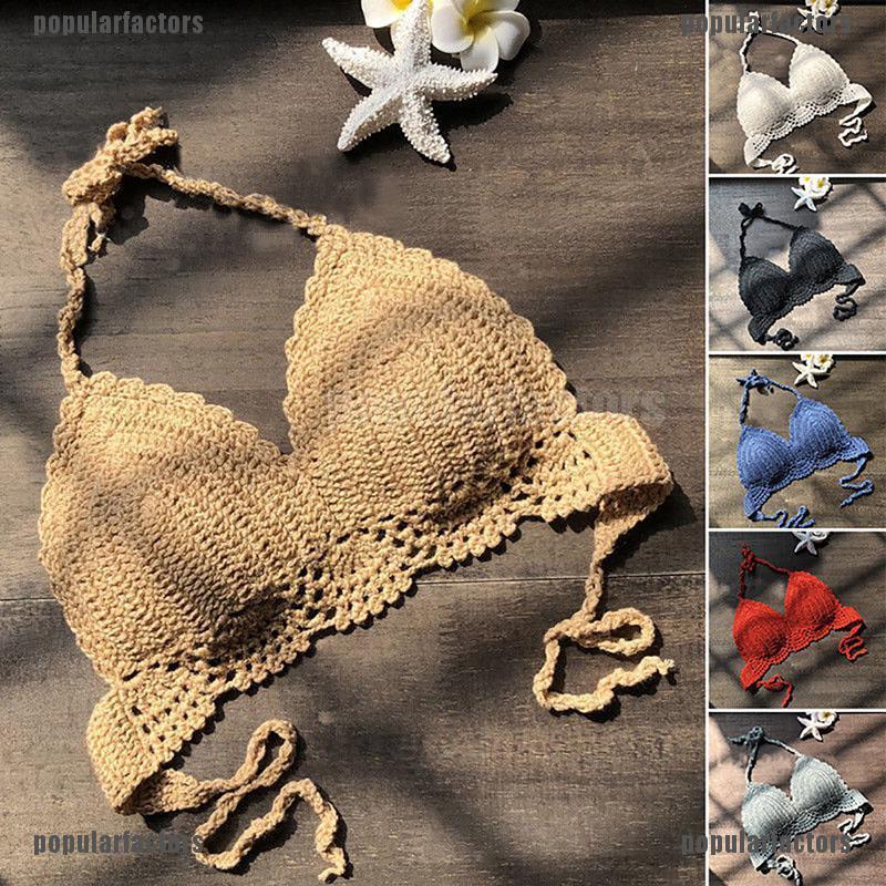 ღpopღ Women Bikini Crop Top Crochet Boho Bralette Halter Cami Knitted