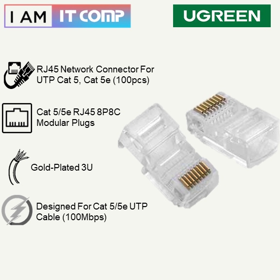 UGREEN RJ45 Network Connector For UTP Cat 5, Cat 5e (100Pcs) / Gold ...