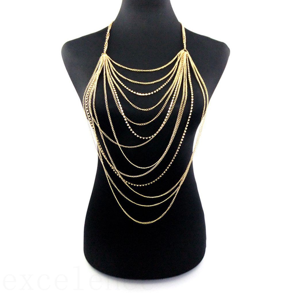Womens Sexy Tassels Multilayer Bikini Body Chain Rhinestone Necklace