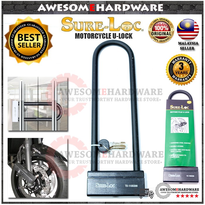 SURE-LOC USA MT300 HARDENED STEEL LONG SHACKLE MOTORCYCLE U LOCK GLASS ...