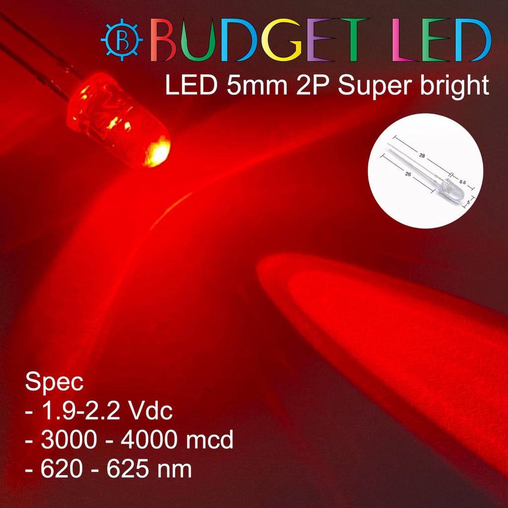 LED 5mm 2P Super bright Red Clear Tube High Brightness Low Heat (20 Pcs ...