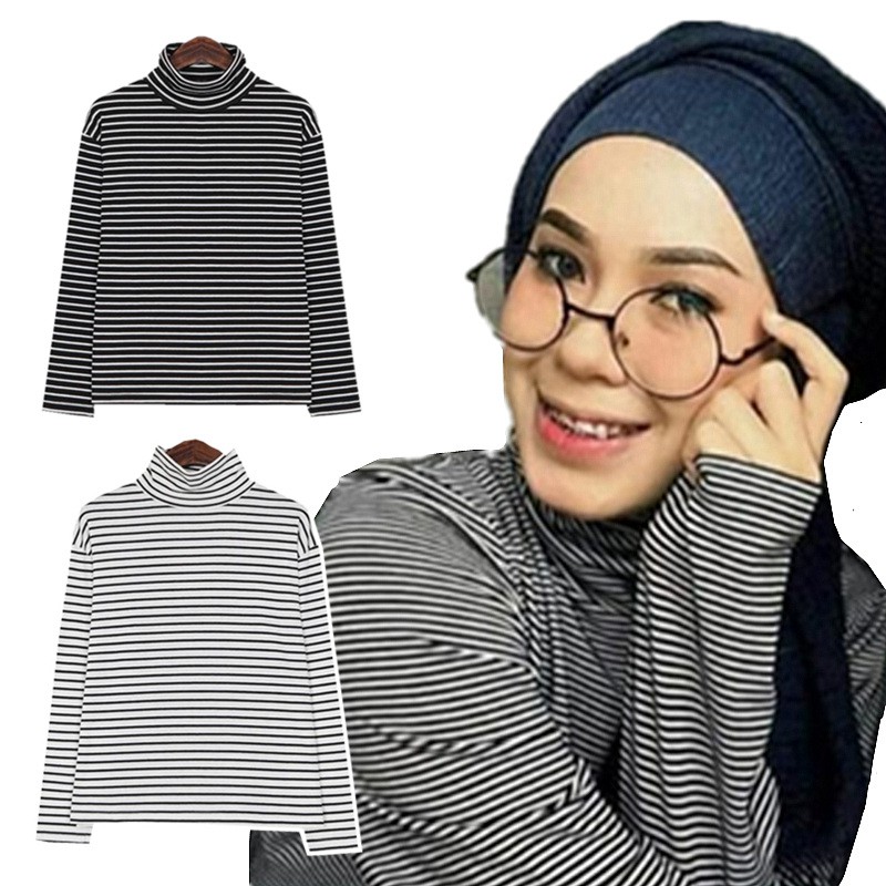 Muslimah Fashion Stripe Turtle Neck Inner Blouse High Neck Long Sleeve ...