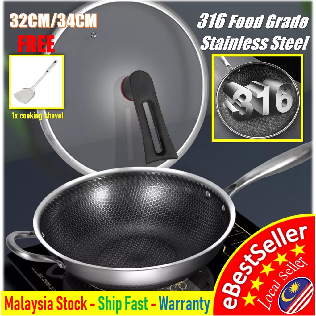 34cm/32cm Frying Pan Wok Food Grade 316 Stainless Steel Non Stick Non ...