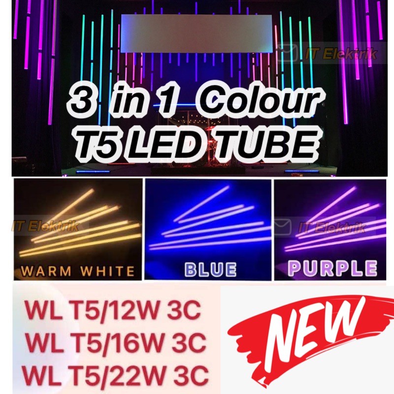 LED T5 Tube 3 in 1 colour changeable Warm White + Blue + Purple 3 Warna ...