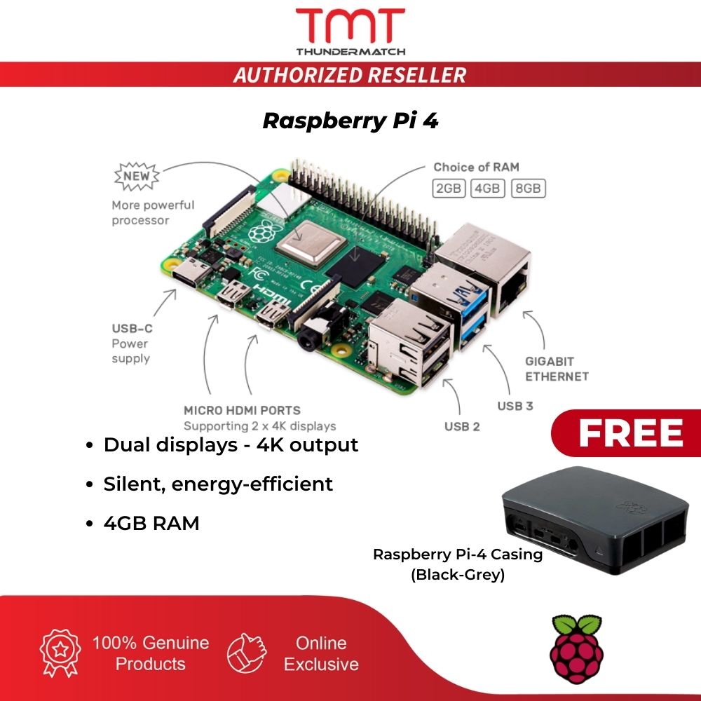 TMT Raspberry Pi-4 Model B Barebone with FREE Casing (Black-Grey) | Broadcom Quad Core 1.5Ghzm ...