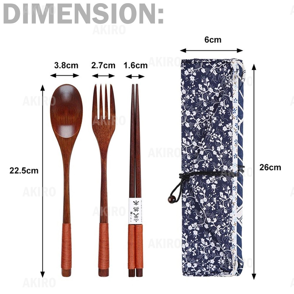 AKIRO Japanese 1 Set Wooden Utensil Tableware Fork Spoon Chopsticks ...
