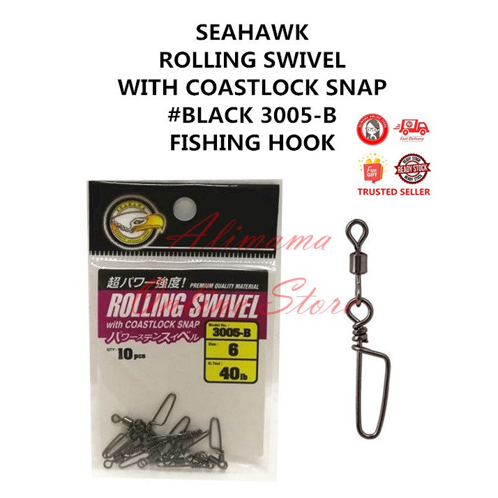 SEAHAWK ROLLING SWIVEL WITH COASTLOCK SNAP #BLACK 3005-B FISHING HOOK ...