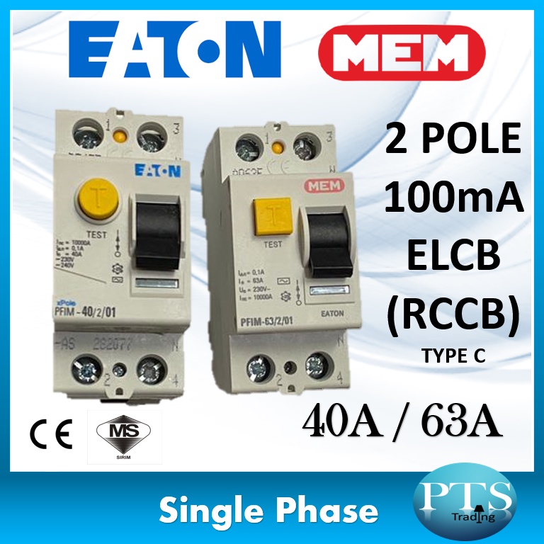 EATON - MEM ELCB RCCB 40A / 63A 2Pole 100mA - Suis Automatik - Single ...