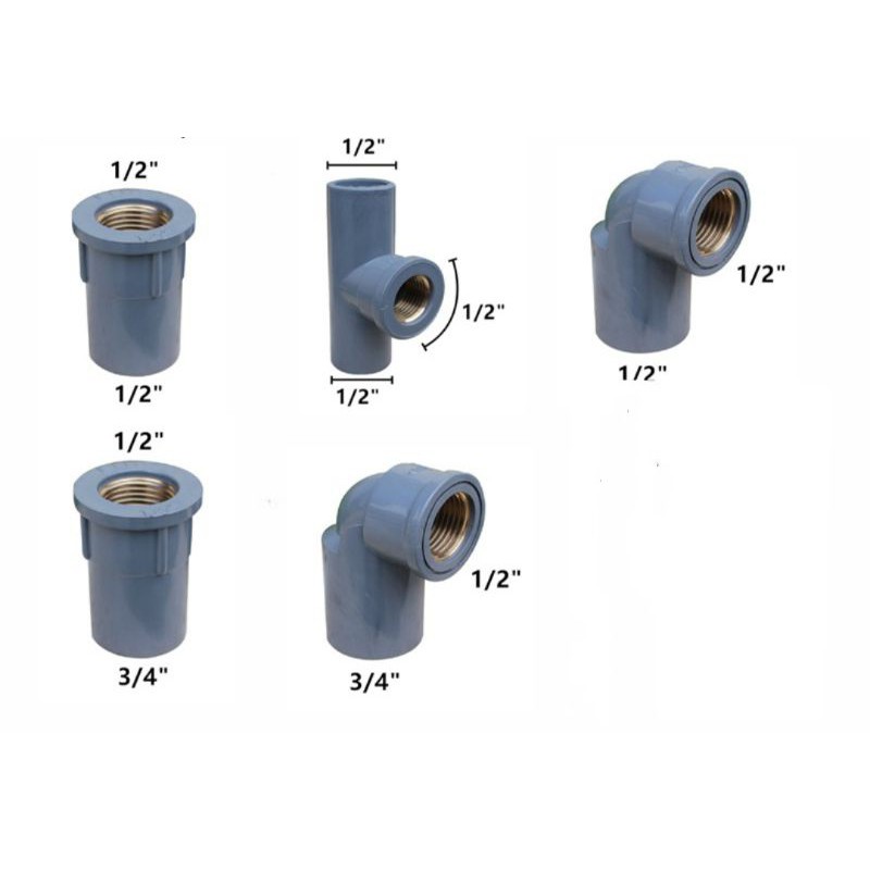 (Brass threaded) Pvc fittings PT elbow , socket & tee 1/2" or 3/4 ...
