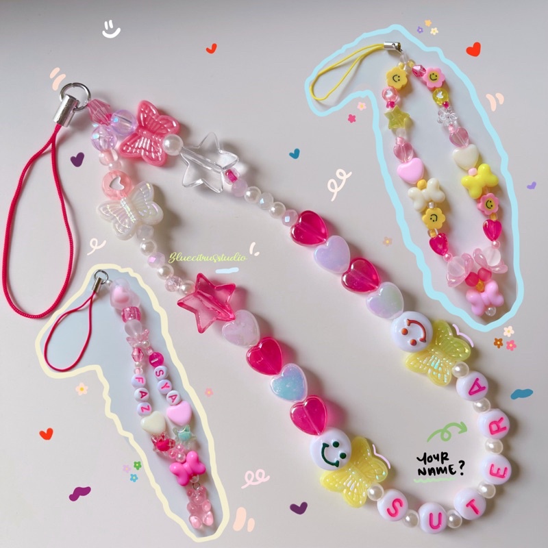 Crystal Pastel Pink Theme handphone Strap, Handmade Phone Strap; Phone ...