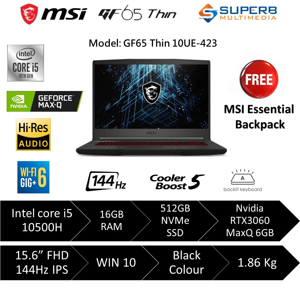 MSI GF65 Thin 10UE-423MY Gaming Laptop (Intel Core i5 10500H, 16gb ram, 512gb ssd, Nvidia ...