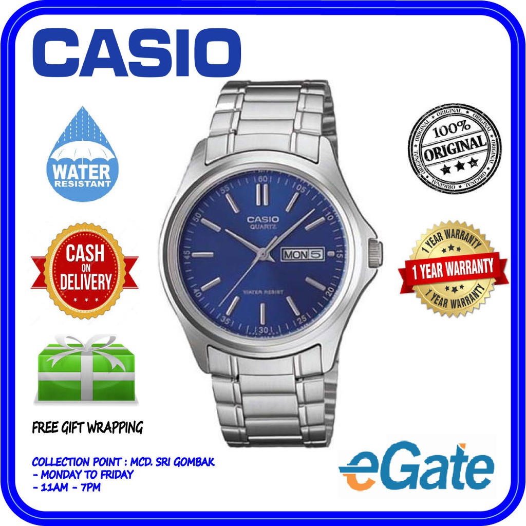Casio MTP-1239D-2A Men Analog Date Day Display Blue Dial Stainless Ori ...