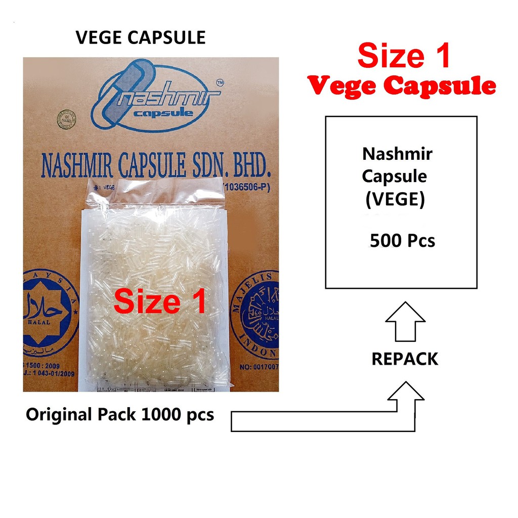 Nashmir Empty Vege Capsule Size 1 (REPACK 500 or 1000pcs) / Kapsul ...