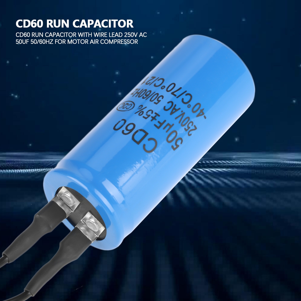 50uF 250V AC CD60 2 Black Wire Lead Motor Start Run Capacitor 50/60Hz ...