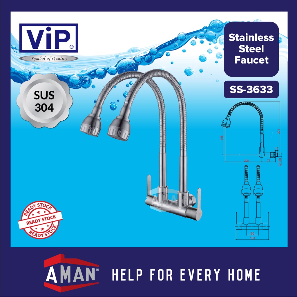 VIP SUS-304 Stainless Steel Flexible Double Wall Sink Tap Kitchen Sink ...
