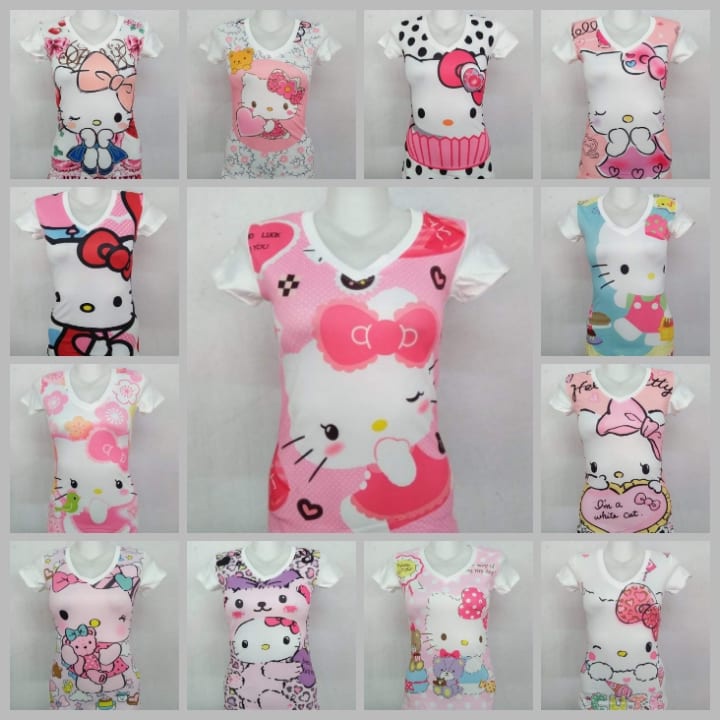 CL27 Cotton Spandex Ladies V-Neck Blouse with Cute Hello Kitty Print ...