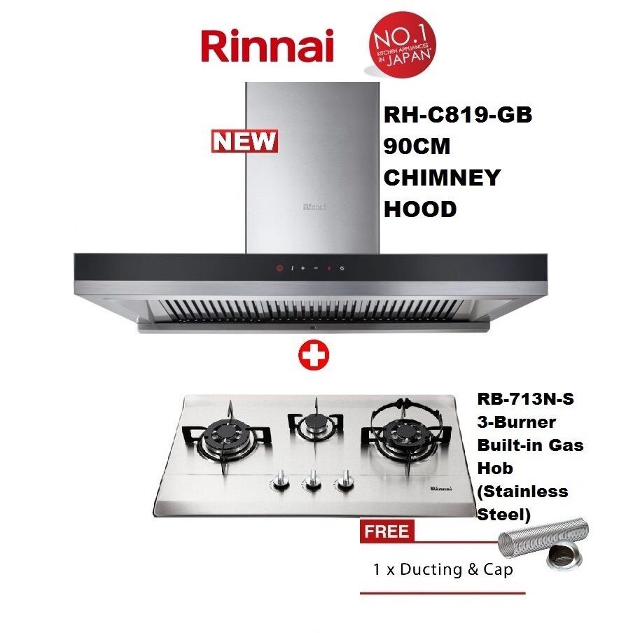 [Rinnai Package] Chimney Hood RH-C819-GB + 3 Burner Gas Hob RB-713N-S | Shopee Malaysia