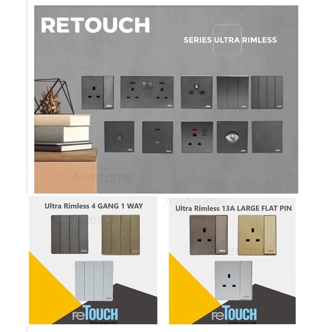 Retouch Switch Socket Ultra Rimless Matte Grey/Gold Texture/ White ...