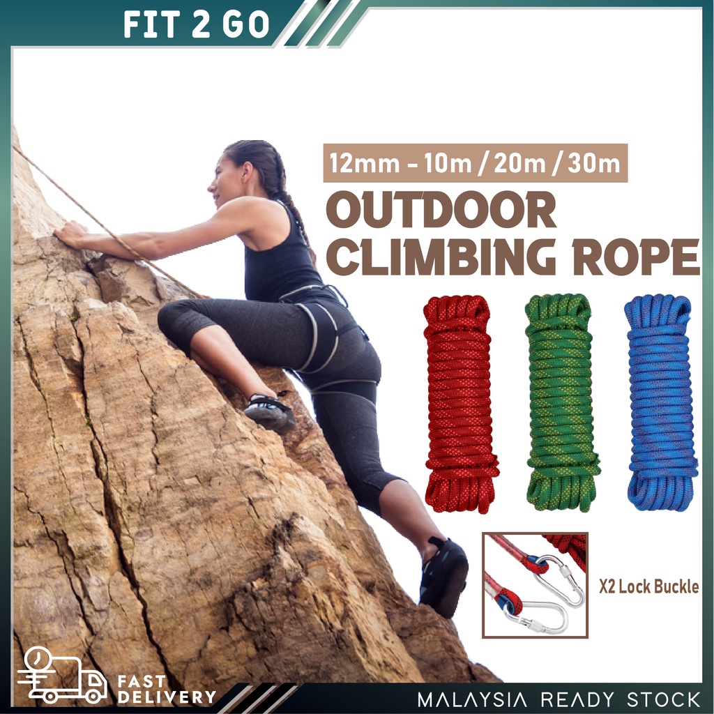 10m/20m/30m Climbing Rope 12mm / 2 Hooks Tali Panjat Pokok Outdoor Safety Survival Equipment ...