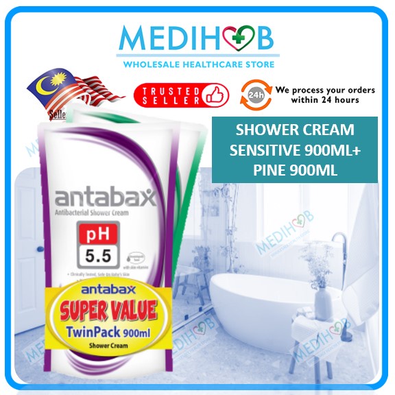 Antabax Antibacterial Shower Cream SENSITIVE 900ml + PINE 900ml Twin ...