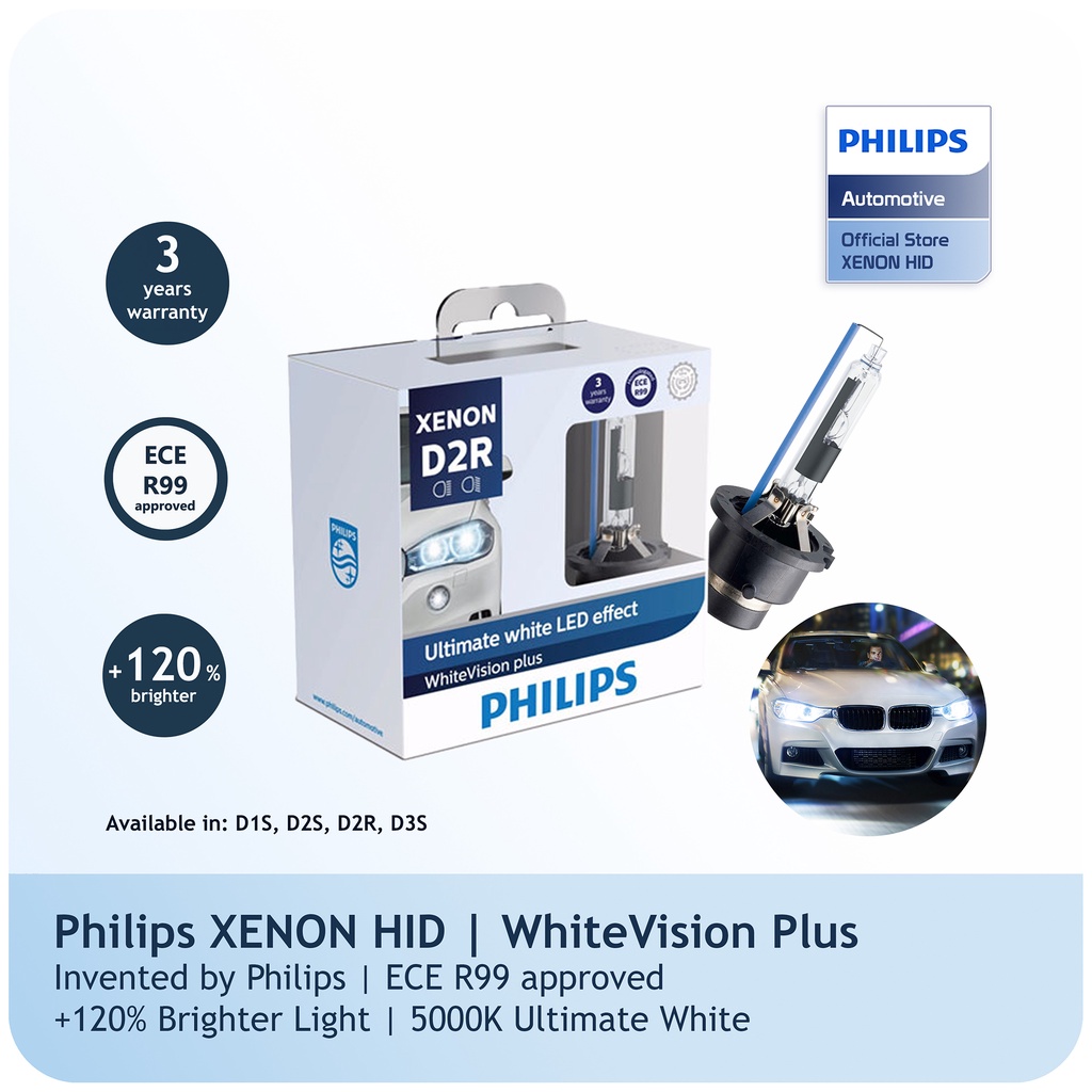Philips Xenon White Vision Plus Headlight HID Bulb ( +120% More Light | 5000K Ultimate White ...