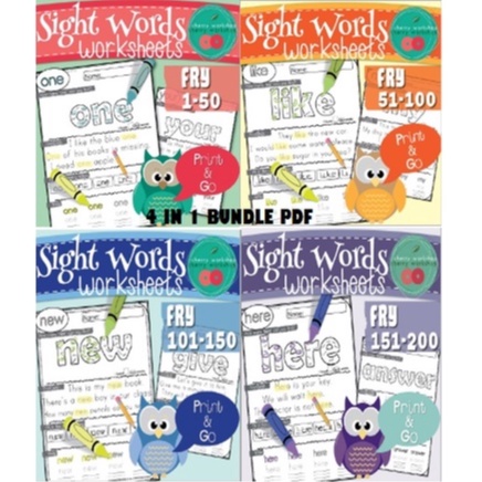 254- 1-200 Fry Sight Words Worksheets 4 sets Bundle Kindergarten ...