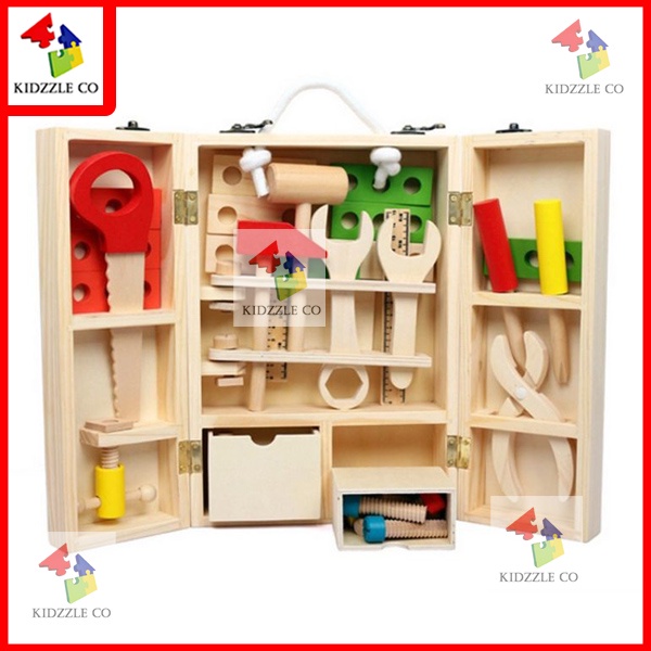 Engineer Construction Tools Play Set Wooden Repair Tool Box Pretend ...