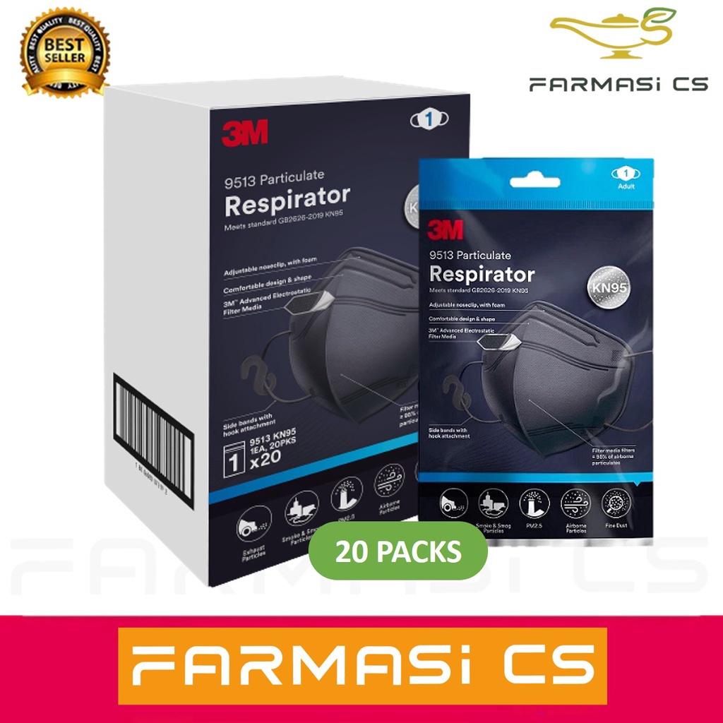3M 9513 Particulate Respirator KN95 20 Pieces ( BLACK ) EXP:08/2026 ...