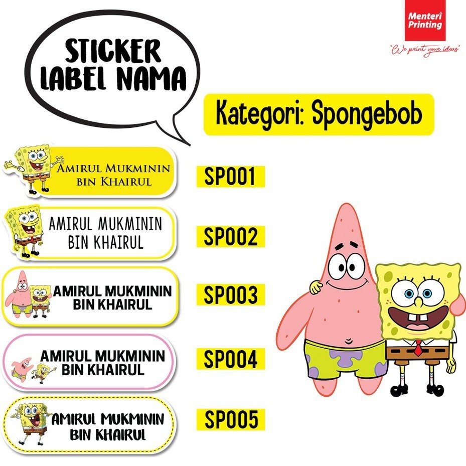 [100PCS] STIKER NAMA SPONGEBOB / SPOGEBOB NAME STICKER LABEL BARANG ...