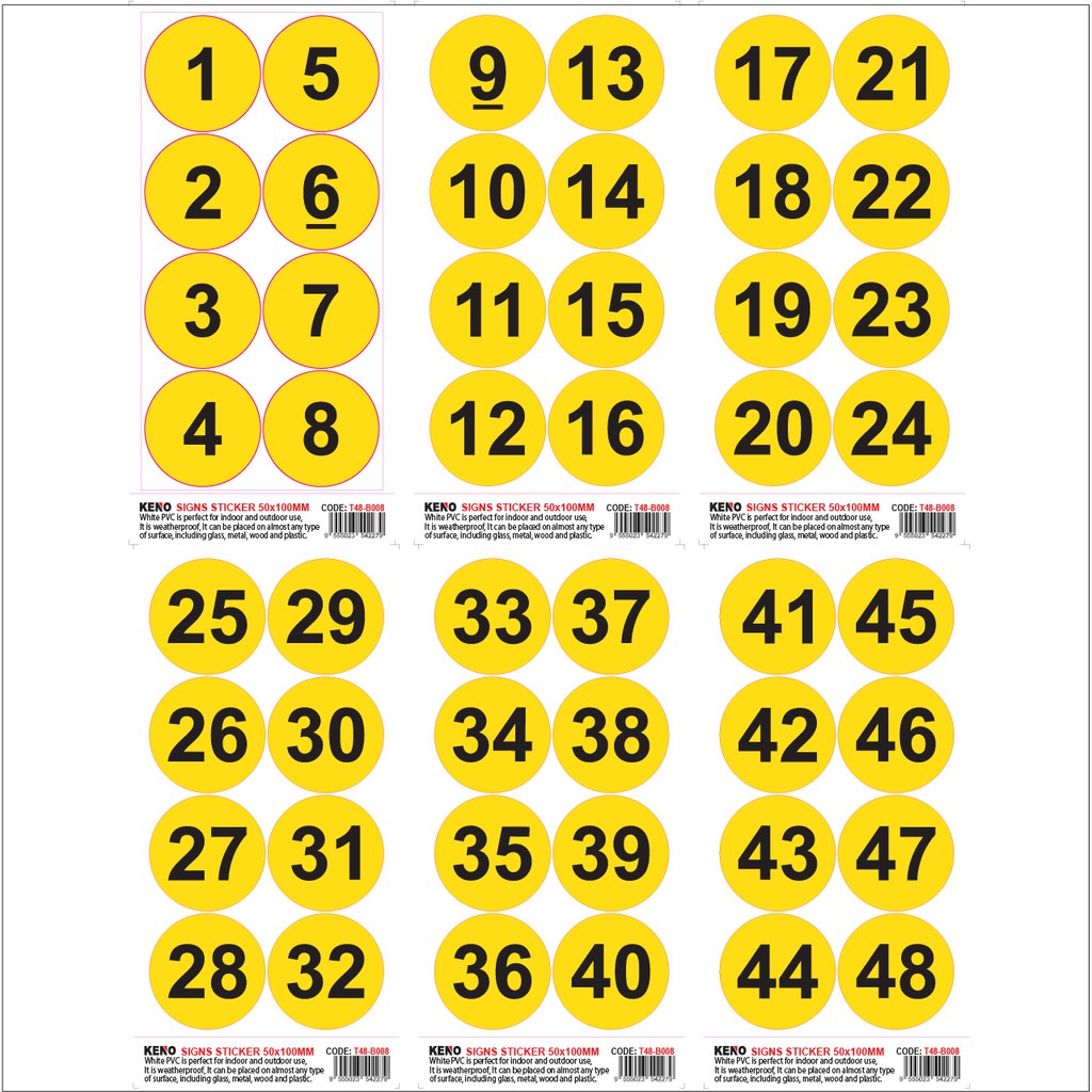 TABLE NUMBER STICKER WITH MATTE LAMINATED 1 TO 48, 48MM DIAMETER ...