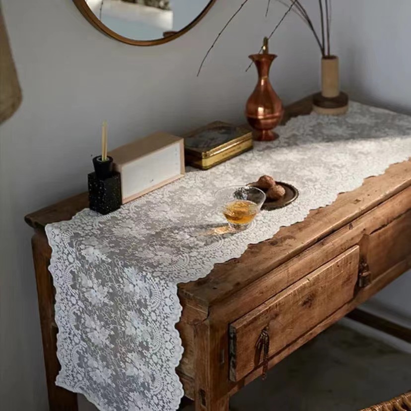 French Aesthetic White Three-dimensional Embroidered Lace Table Flag Dressing Table Decorative ...