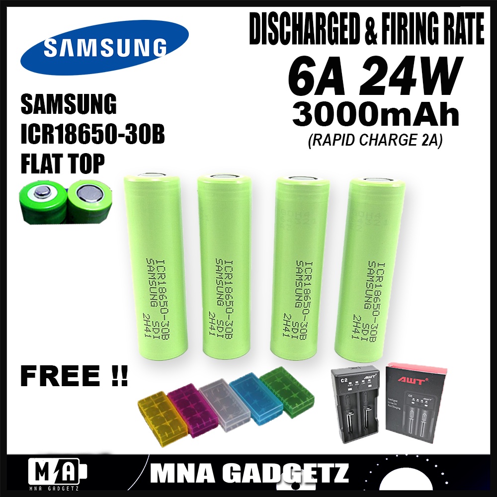 SAMSUNG-INR18650 30B(FT) Rechargeable (3000mAh 6A) FREE CASE 2PCS ...