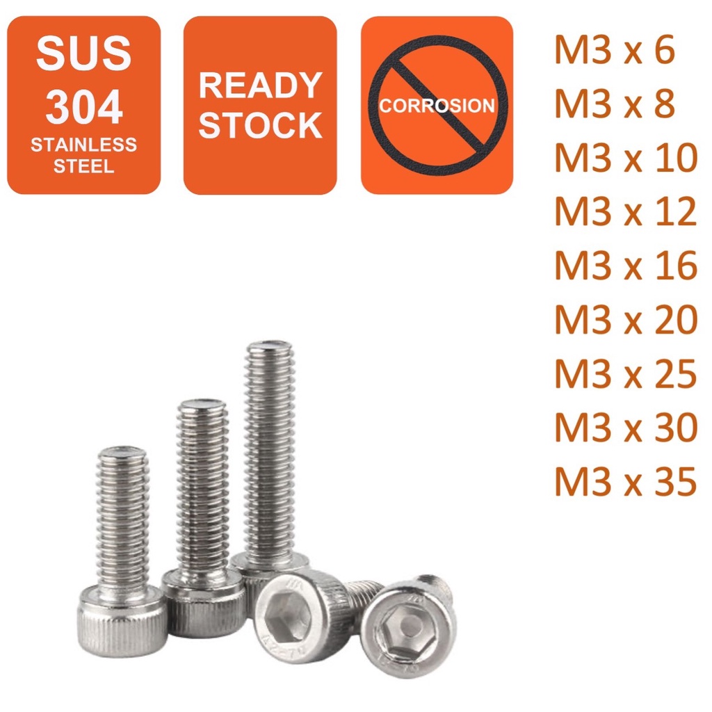 (10 pcs) M3 M4 M5 M6 Socket Cap Head Screw DIN 912 Stainless Steel AISI ...