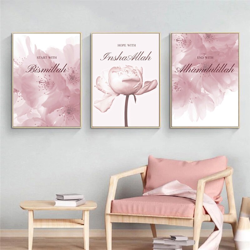 Islamic Floral Calligraphy Canvas Painting Print Pink Flower Wall Art ...
