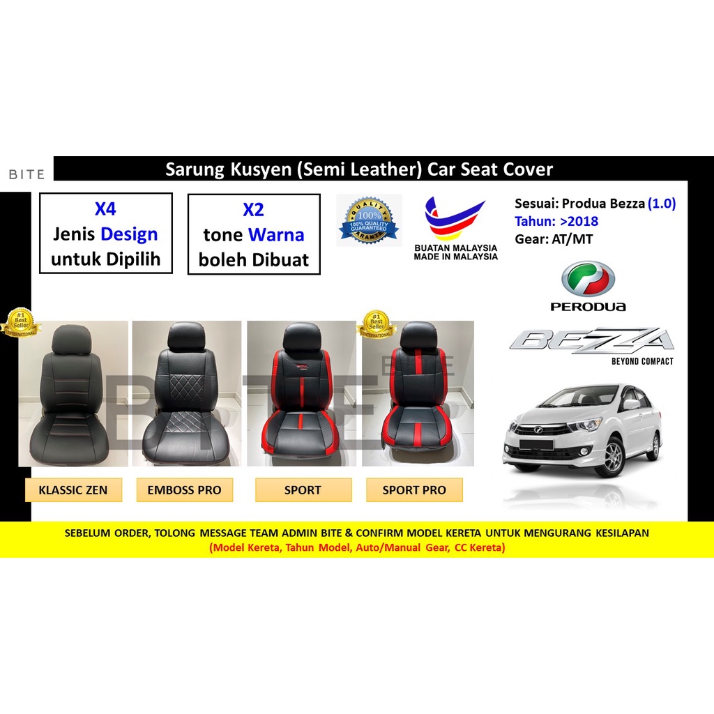 Perodua BEZZA (1.0 cc) BITE - Semi Leather Car Seat Cover/Sarung Kusyen ...