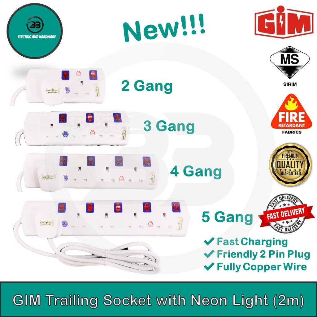 【SIRIM】 Premium Quality Trailing Socket 2M Extension w Neon Plug Adaptor Multiple Universal ...
