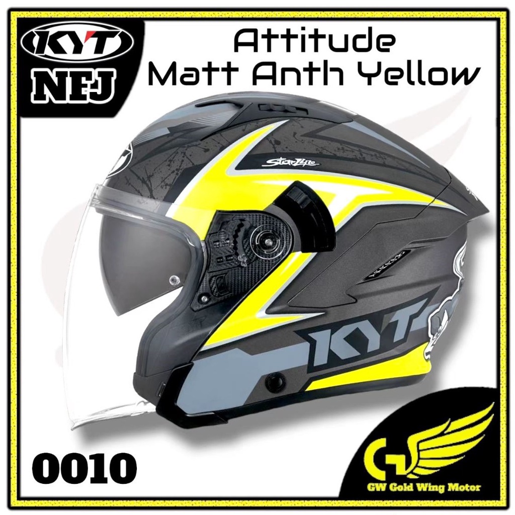 100% KYT NFJ HELMET ATTITUDE MATT ANTH YELLOW DOUBLE VISOR HELMET ...