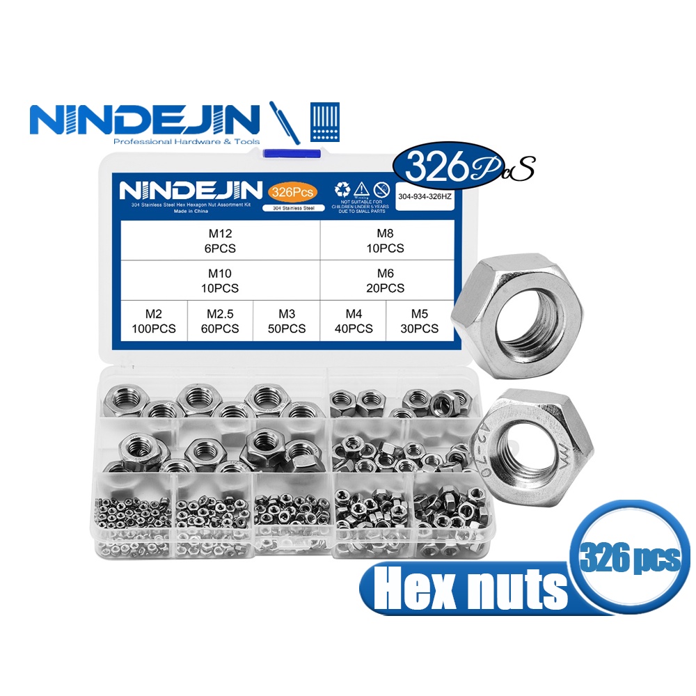 NINDEJIN 304 Stainless Steel Hex Hexagon Nuts Assortment Kit DIN934 M2 M2.5 M3 M4 M5 M6 M8 M10 ...