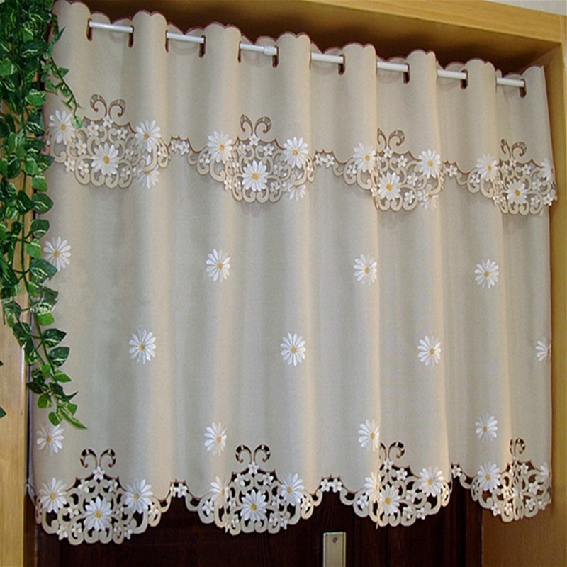 Half-Curtain White Sunflower Flower Embroidered Wear Curtain Blackout ...