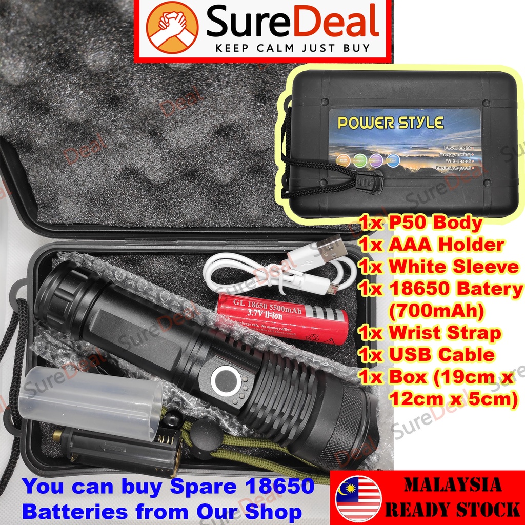 SUREDEAL P50 Rechargeable Flashlight XHP50 Cree LED Super Bright Zoom ...