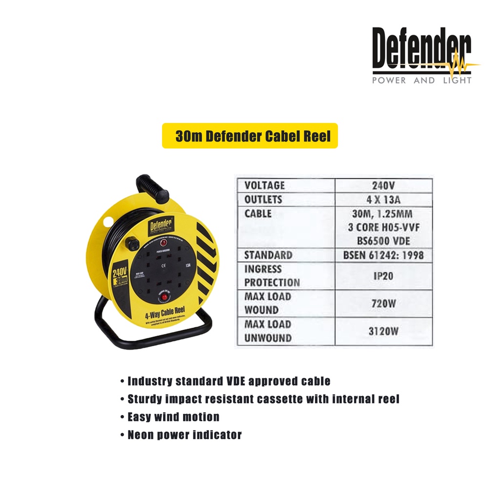 DEFENDER 10M 15M 20M 30M 50M Industrial Extension Cable Reel Wire Reel ...