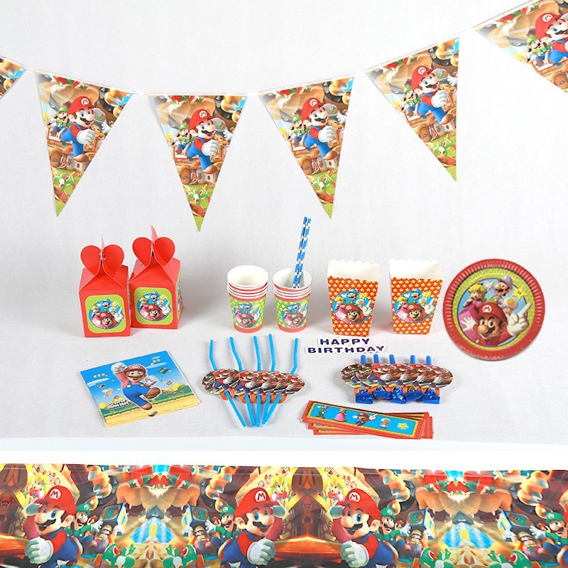 Mario birthday party set flag paper tray disposable tableware | Shopee ...